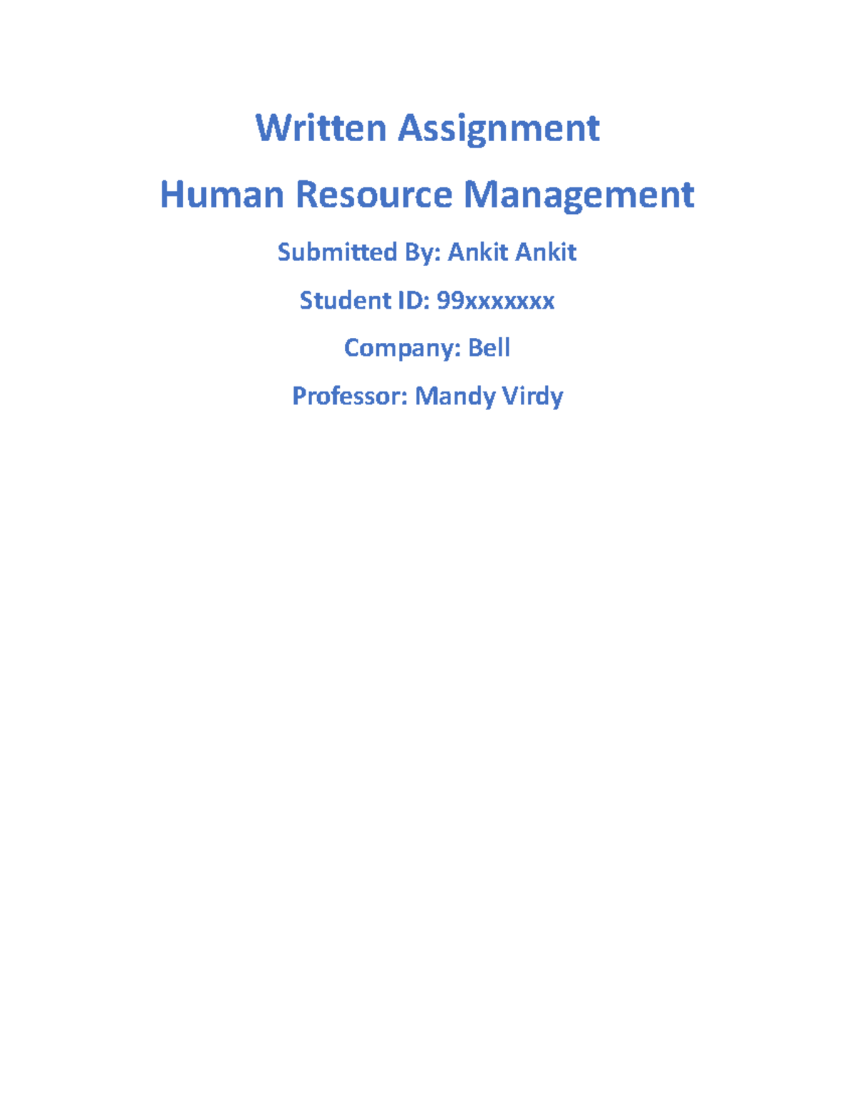 Bell company assignment - Written Assignment Human Resource Management ...