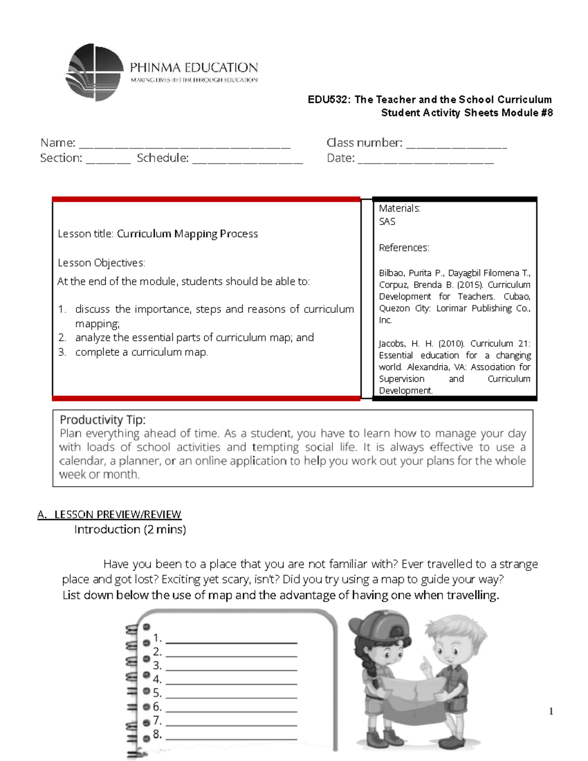 SAS#8 - EDU 532 - THE TEACHER AND THE SCHOOL CURRICULUM - Student Activity Sheets Module Name ...