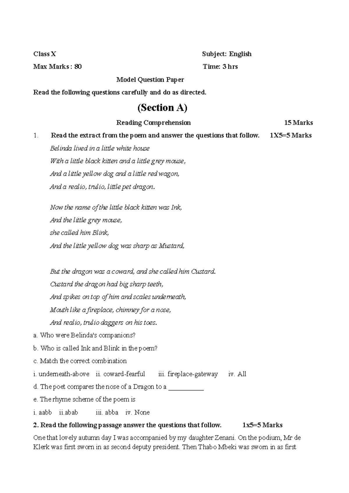 10-English - English - Class X Subject: English Max Marks : 80 Time: 3 ...