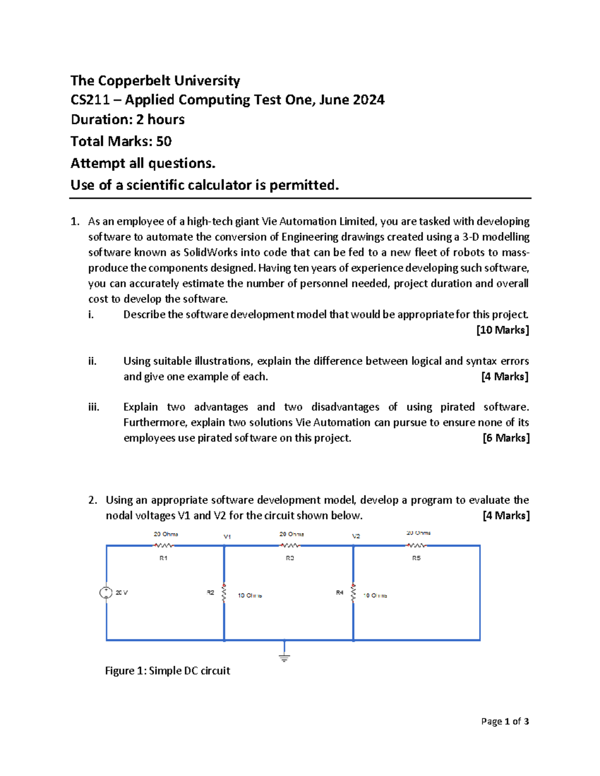 CS211 Test one 2024 Deferred test - Page 1 of 3 The Copperbelt ...