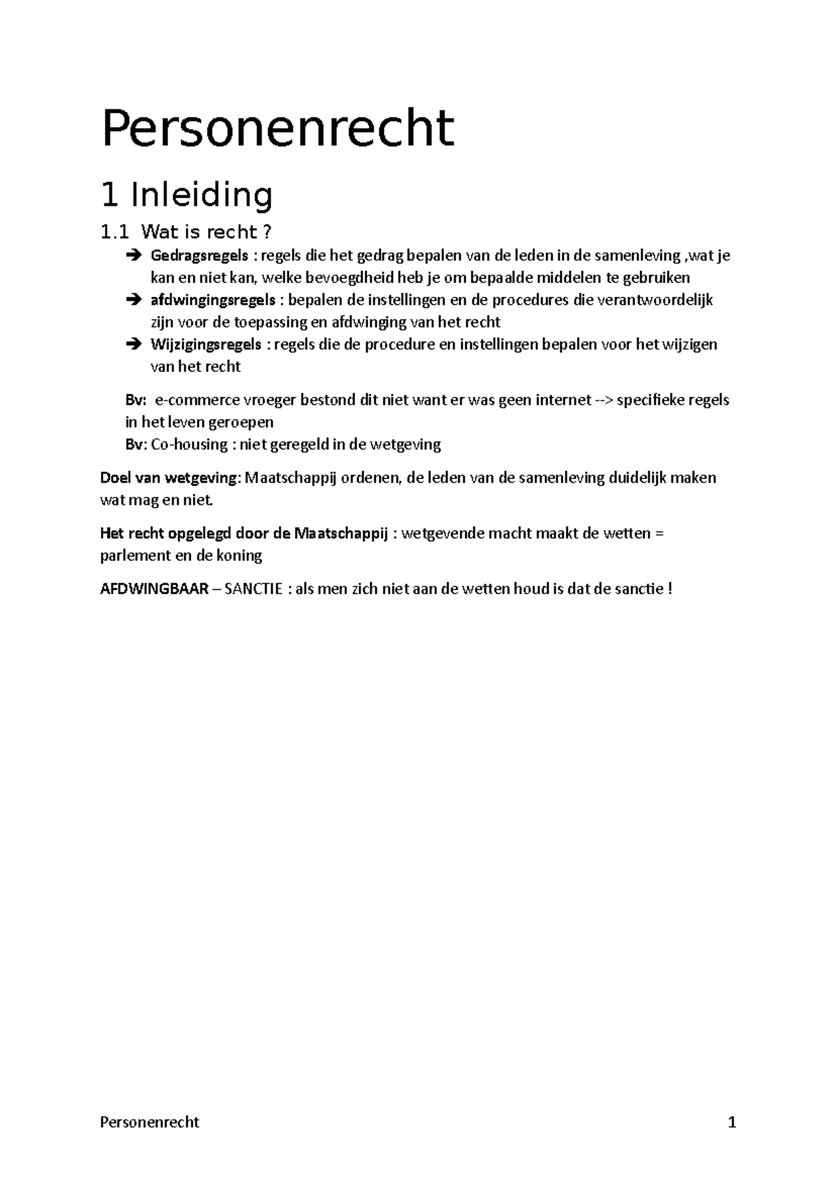 Personenrecht samenvatting - Personenrecht 1 Inleiding 1 Wat is recht ...