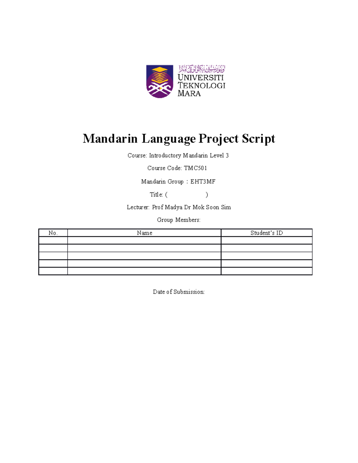 Template Skrip Projek Bahasa - Mandarin Language Project Script Course: Introductory Mandarin ...