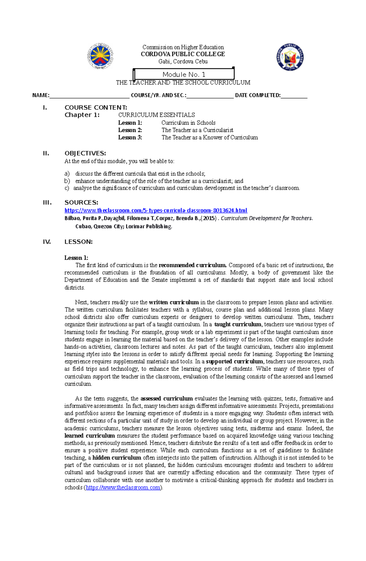 School and curriculum module 1 1 - Commission on Higher Education ...