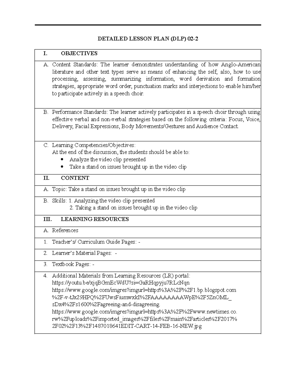 DLP02-2 (English) - DETAILED LESSON PLAN (DLP) 02- I. OBJECTIVES A ...