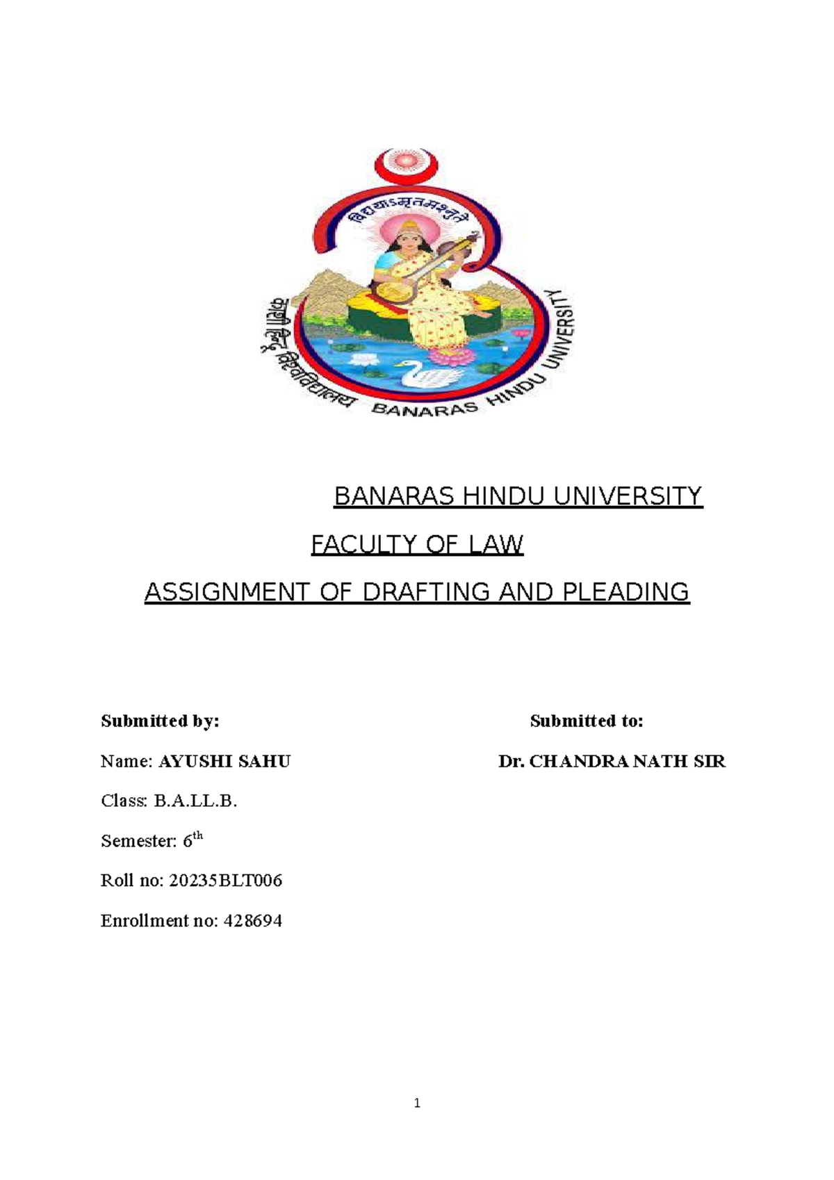 ( Pleading Drafting) Ayushi SAHU ROLL 06 Ballb 6TH SEM - BANARAS HINDU ...