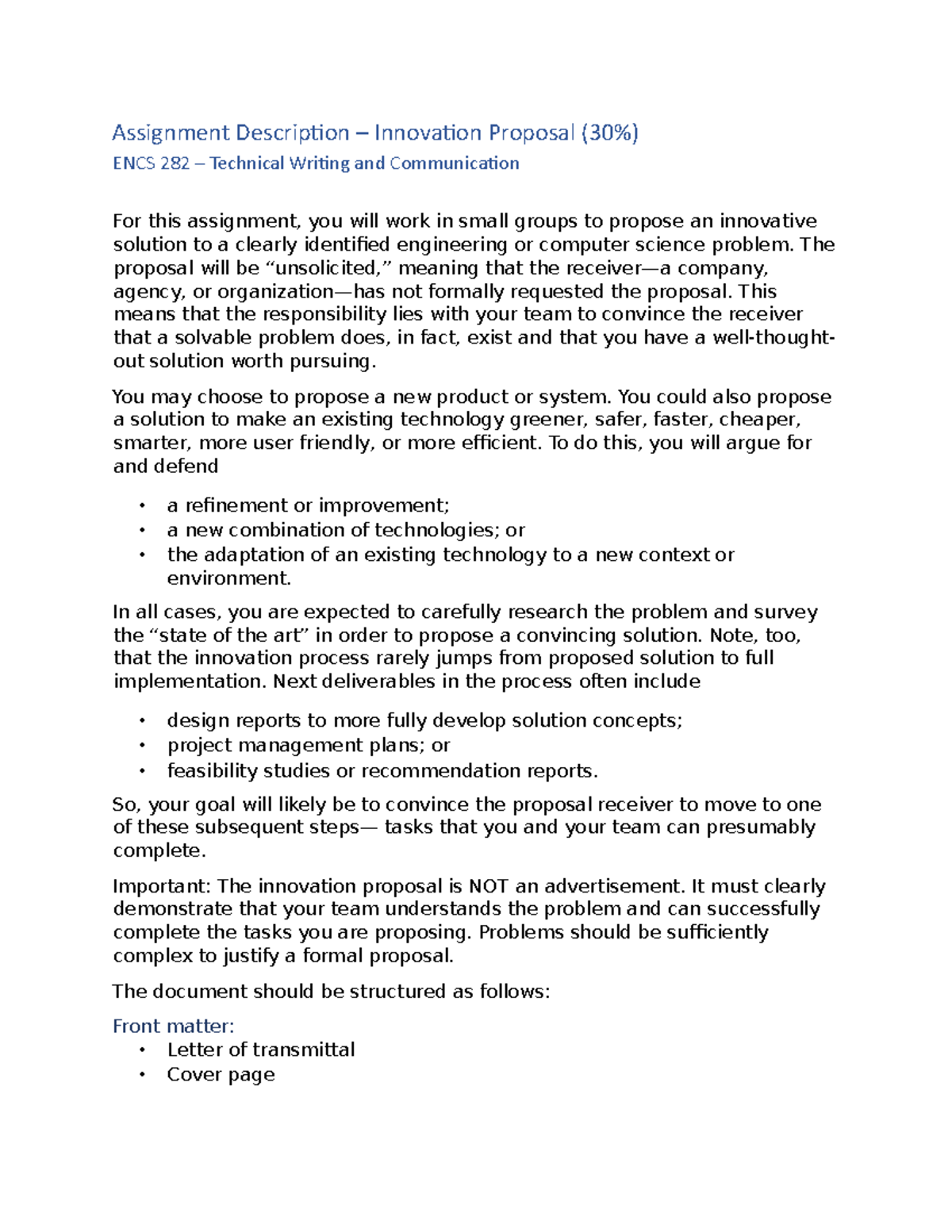 Assignment Description - Innovation Proposal last assignment - ENCS 282 - Concordia - Studocu