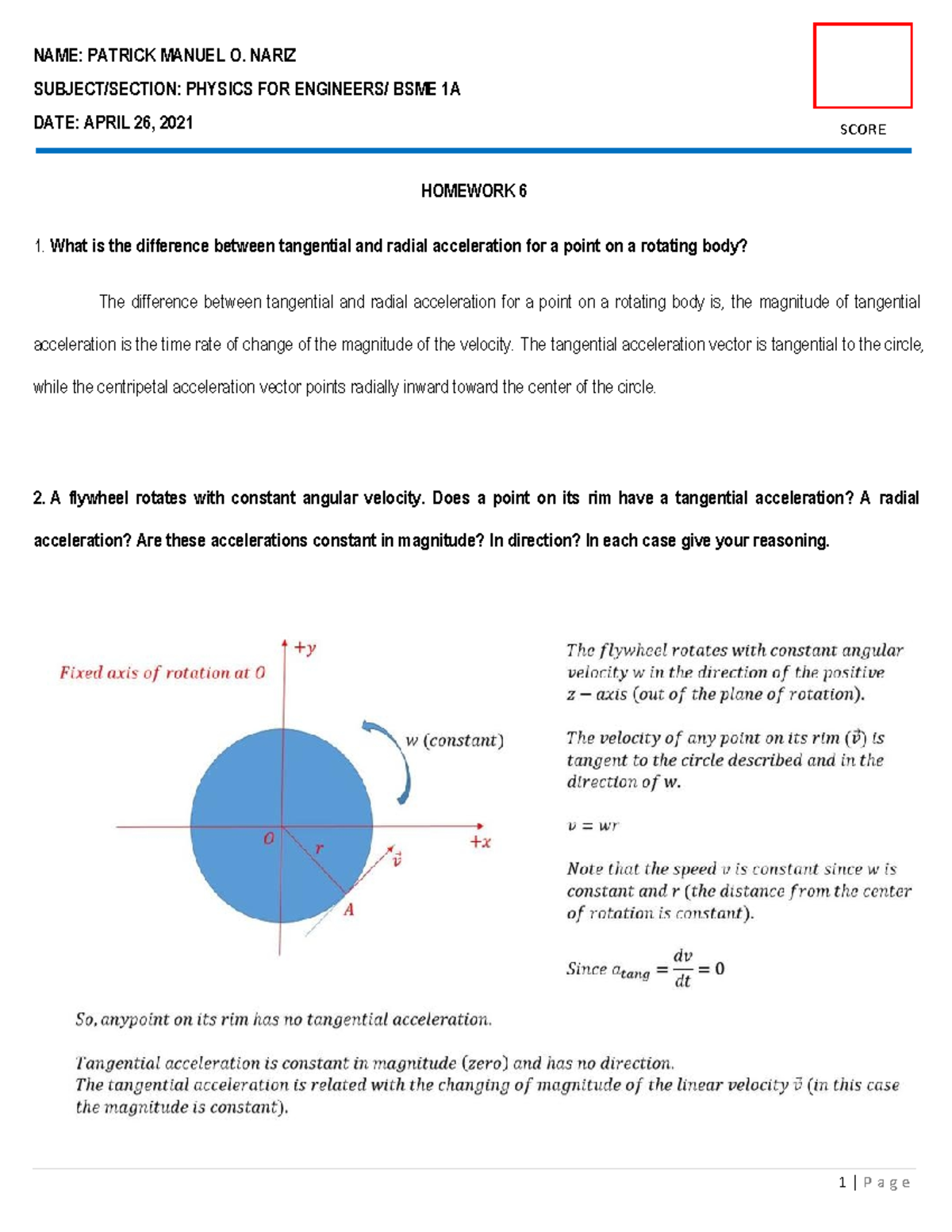 PHY1ME1A Homework 6 Nariz Patrick Manuel - Mechanical Engineering Project Study - PangSU - Studocu