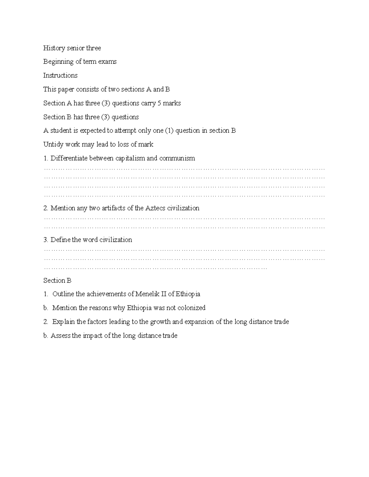 bachelors notes - History senior three Beginning of term exams ...