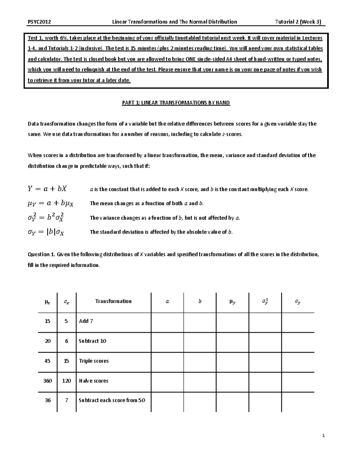 Tutorial 2 - Student Notes 2019 - PSYC2012 Linear Transformations and ...