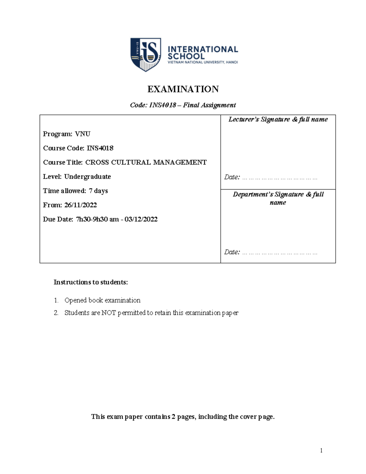 11 2022 Cross cultural management Final Assigment - 1 EXAMINATION Code ...
