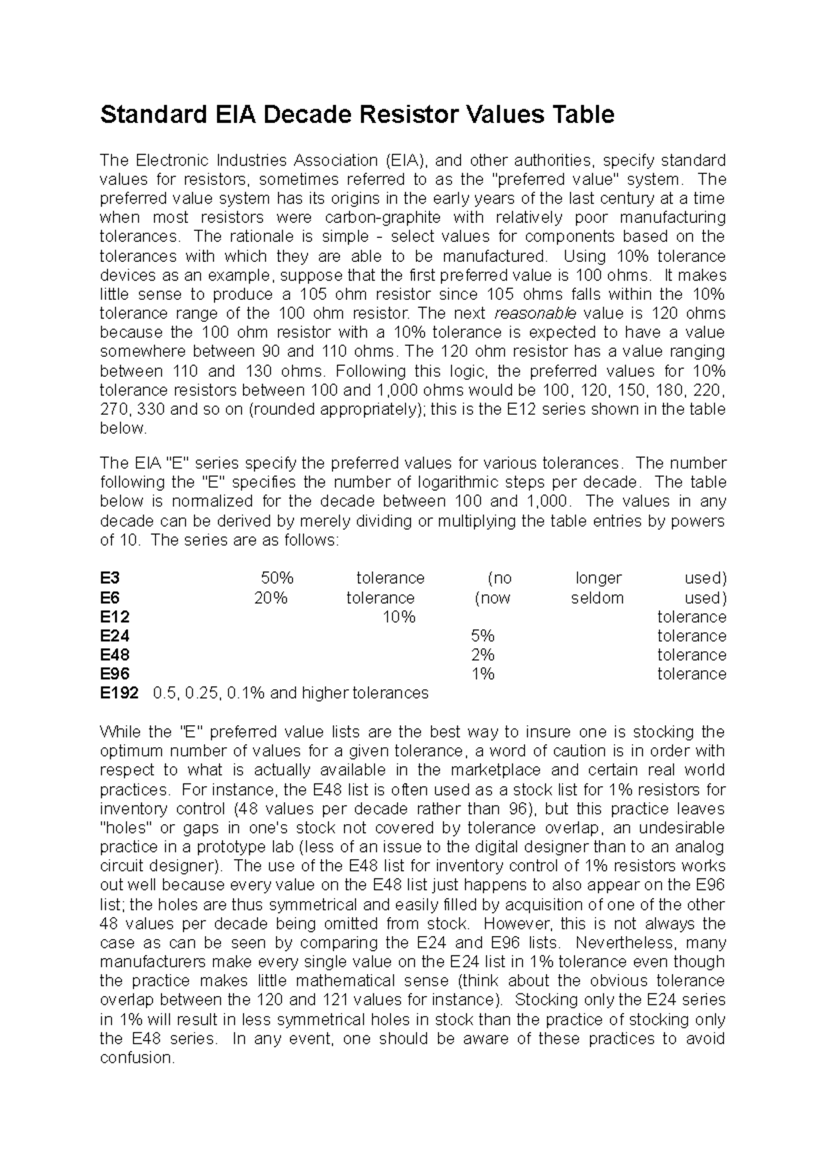 Standard Eia Decade Resistor Values Table The Preferred Value System
