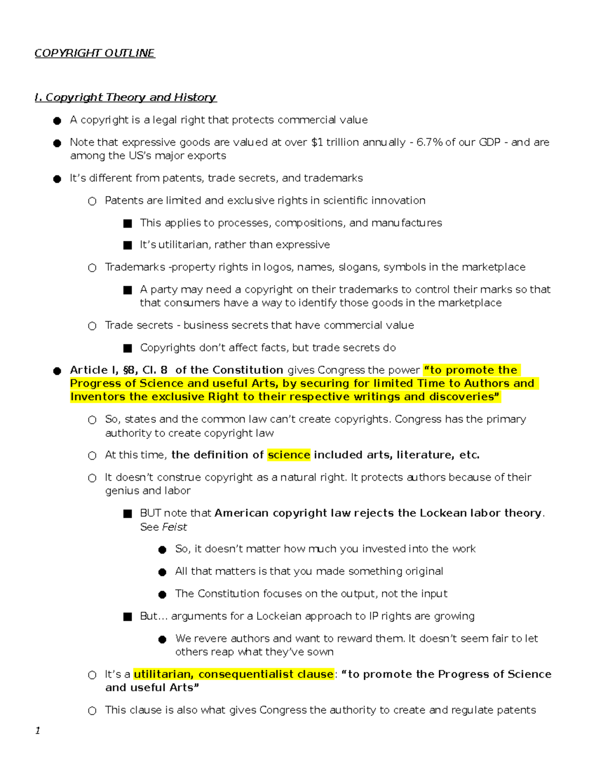 CO#5 - outline - COPYRIGHT OUTLINE I. Copyright Theory and History A ...