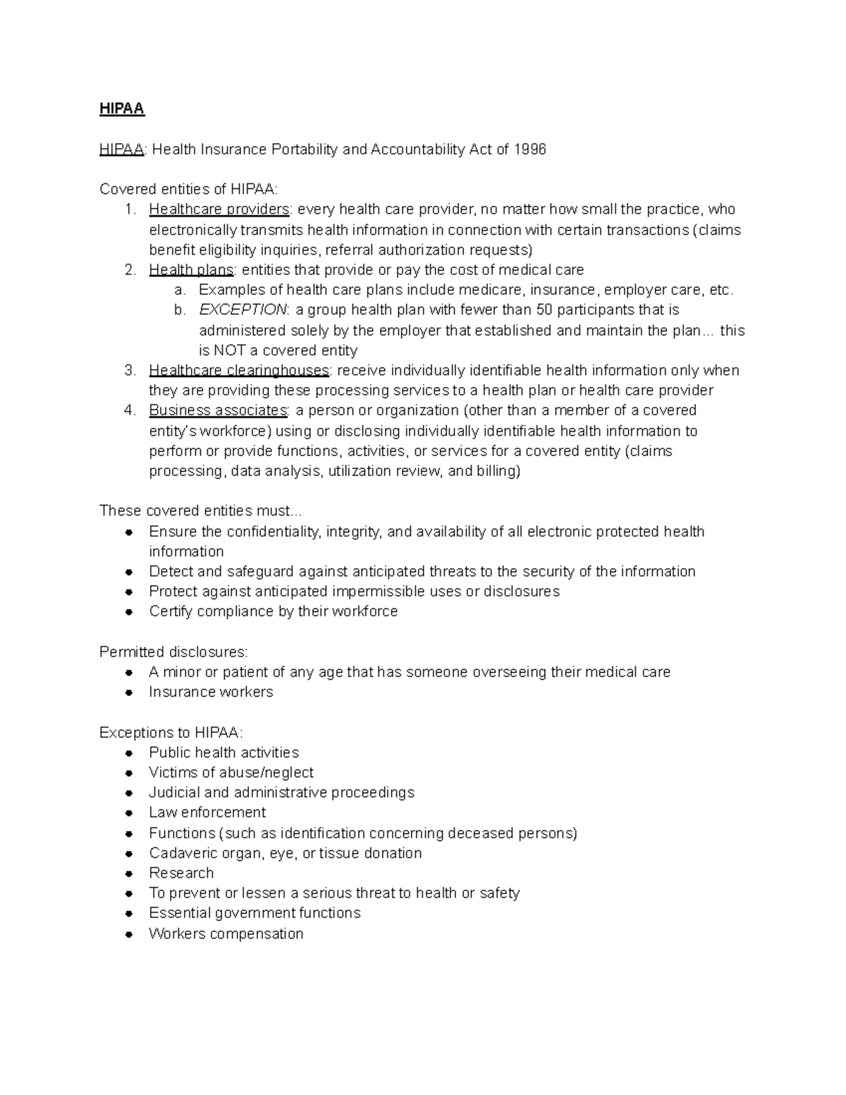 Copy of 320 Final Study Guide - HIPAA HIPAA: Health Insurance ...