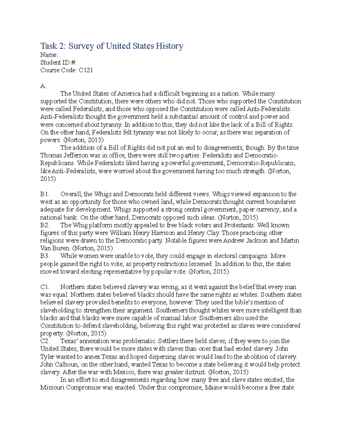 Task 2 Survey of United State History - Task 2: Survey of United States ...