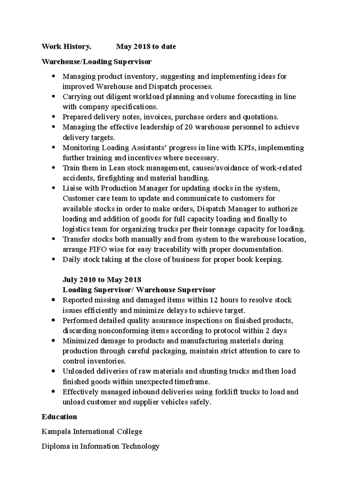 Work History - Learn to work as sn administrator - Work History. May ...