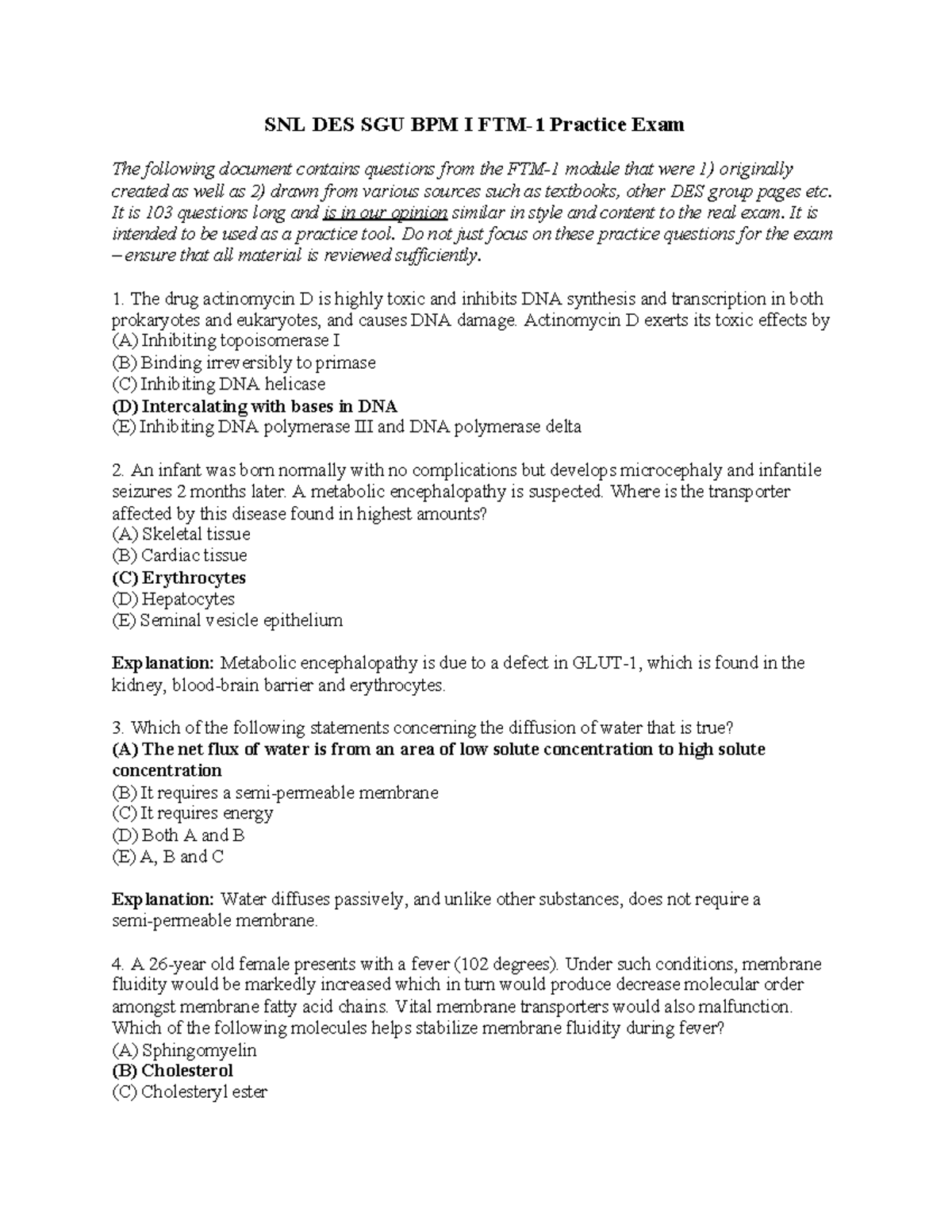 SNL FTM1, Answers - Medical ppw - SNL DES SGU BPM I FTM-1 Practice Exam The following document ...