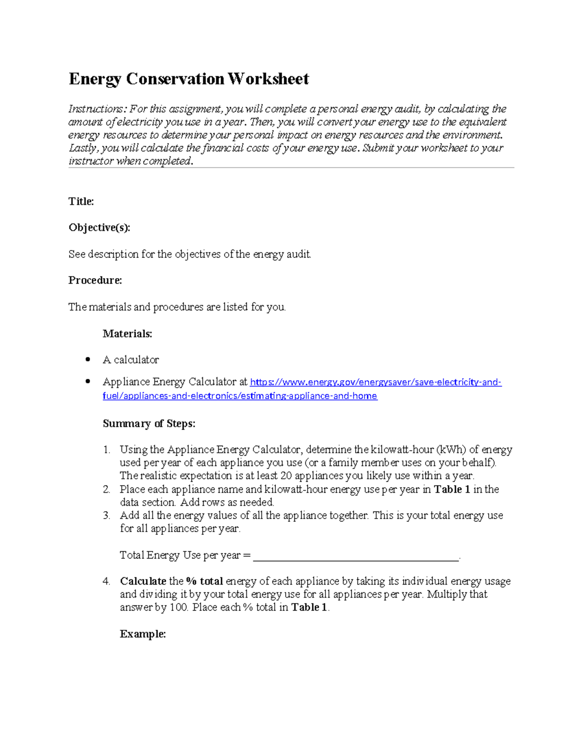 Energy conservation worksheet - Energy Conservation Worksheet ...