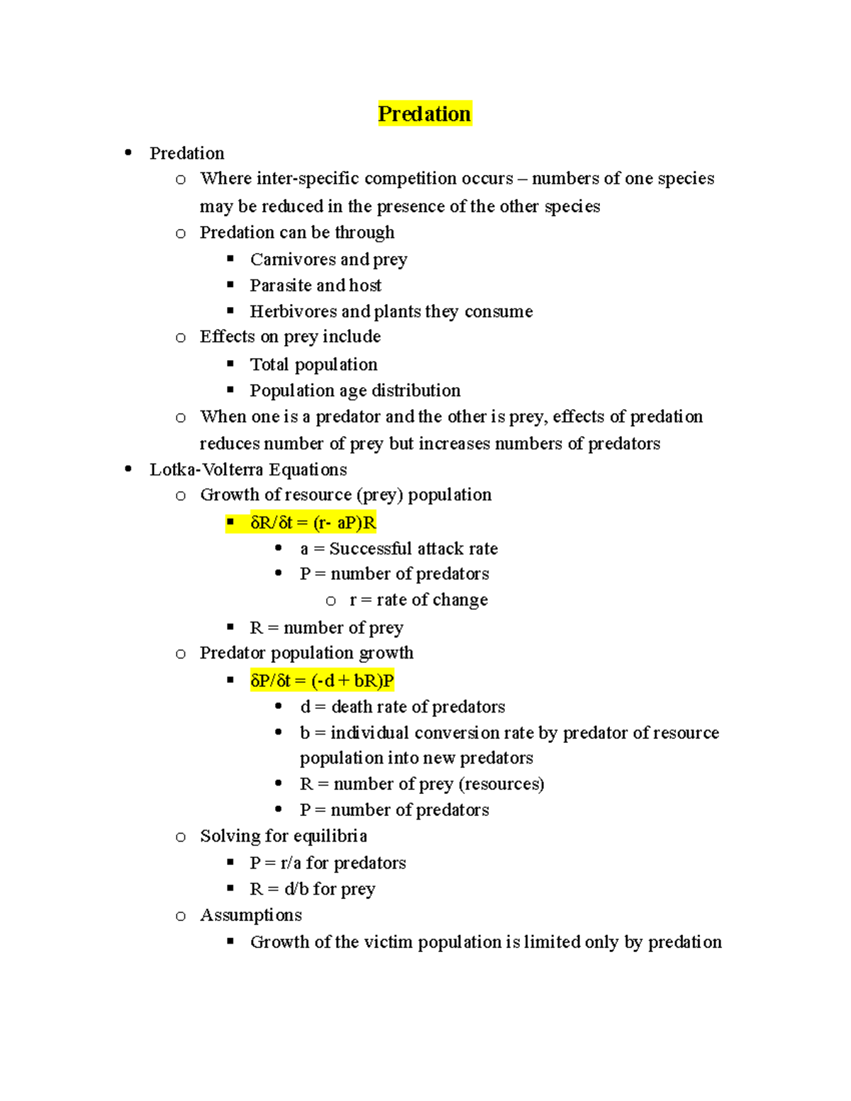 Lecture 9 - Week 9 Notes - Predation - Predation Predation o Where ...