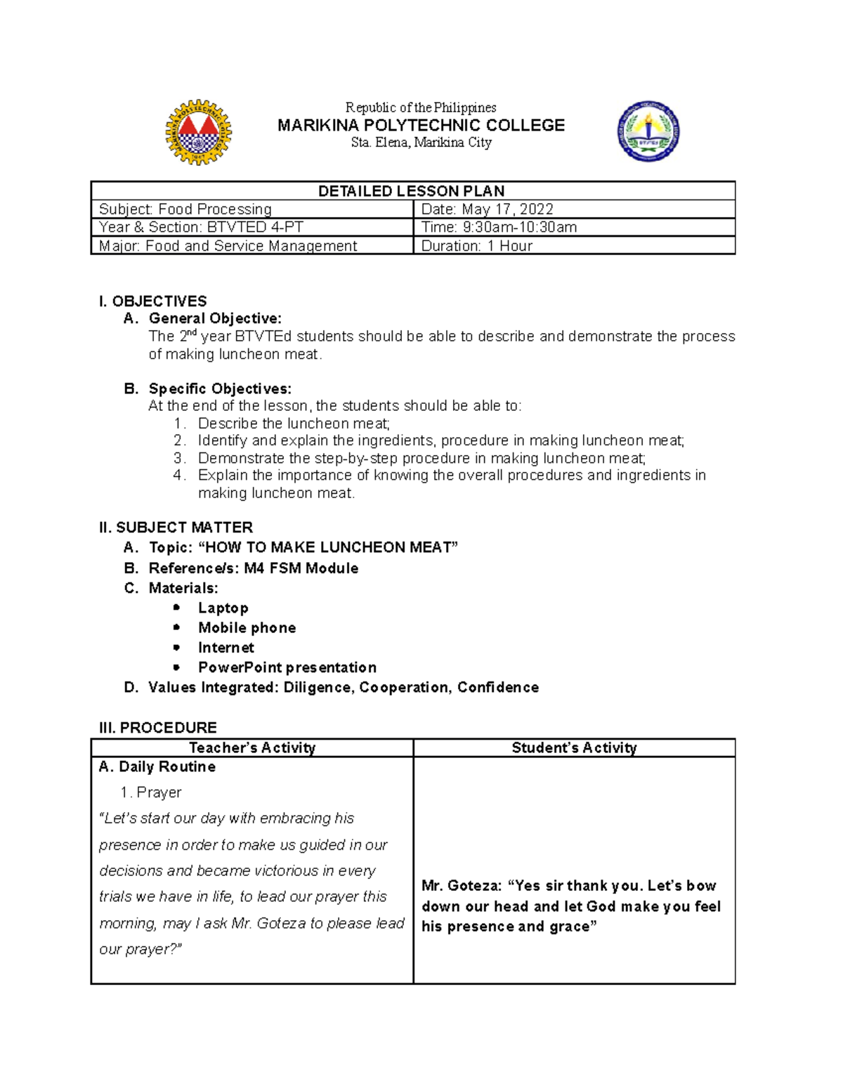 Detailed Lesson Plan- Luncheon meat updated - Republic of the ...