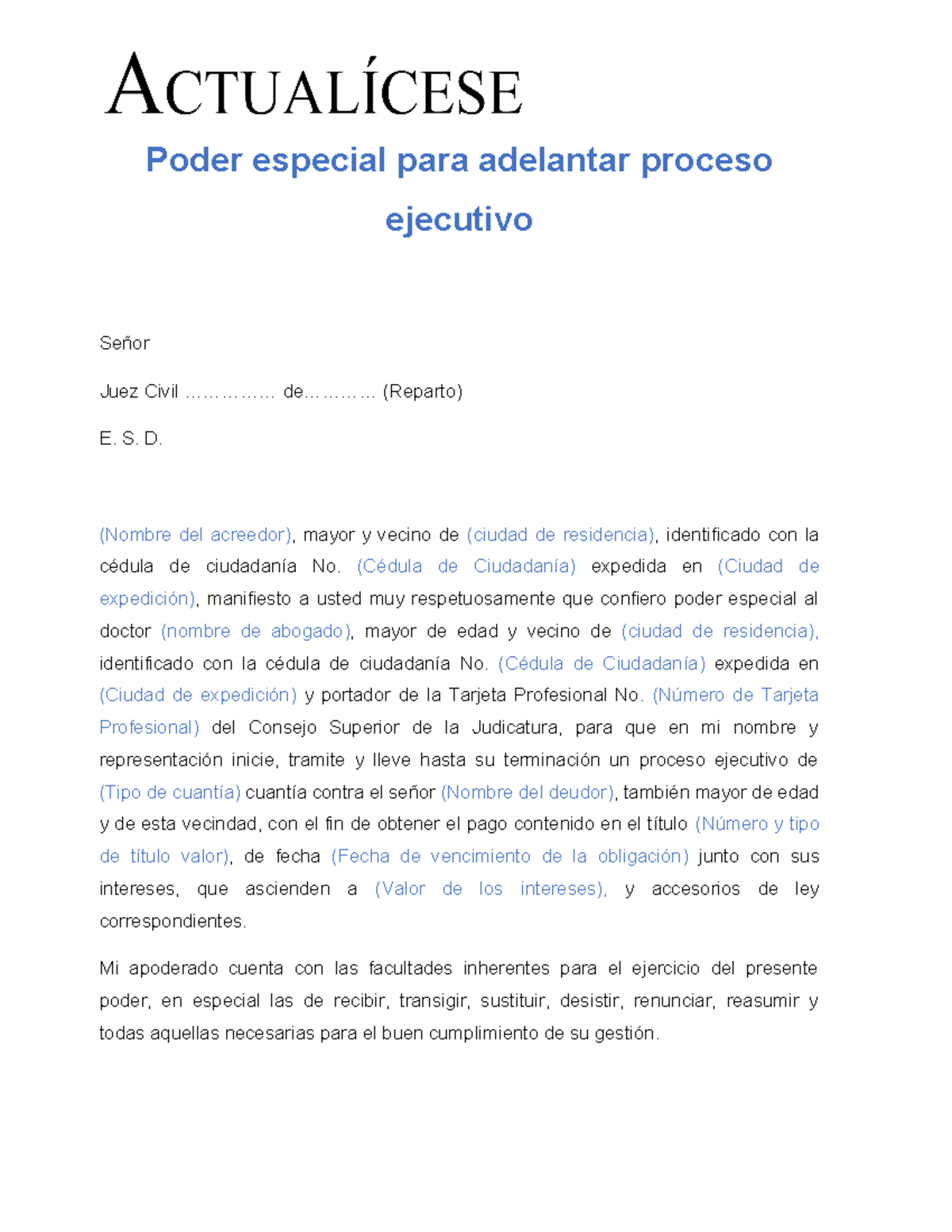 Poder especial para adelantar proceso ejecutivo - Poder especial para ...