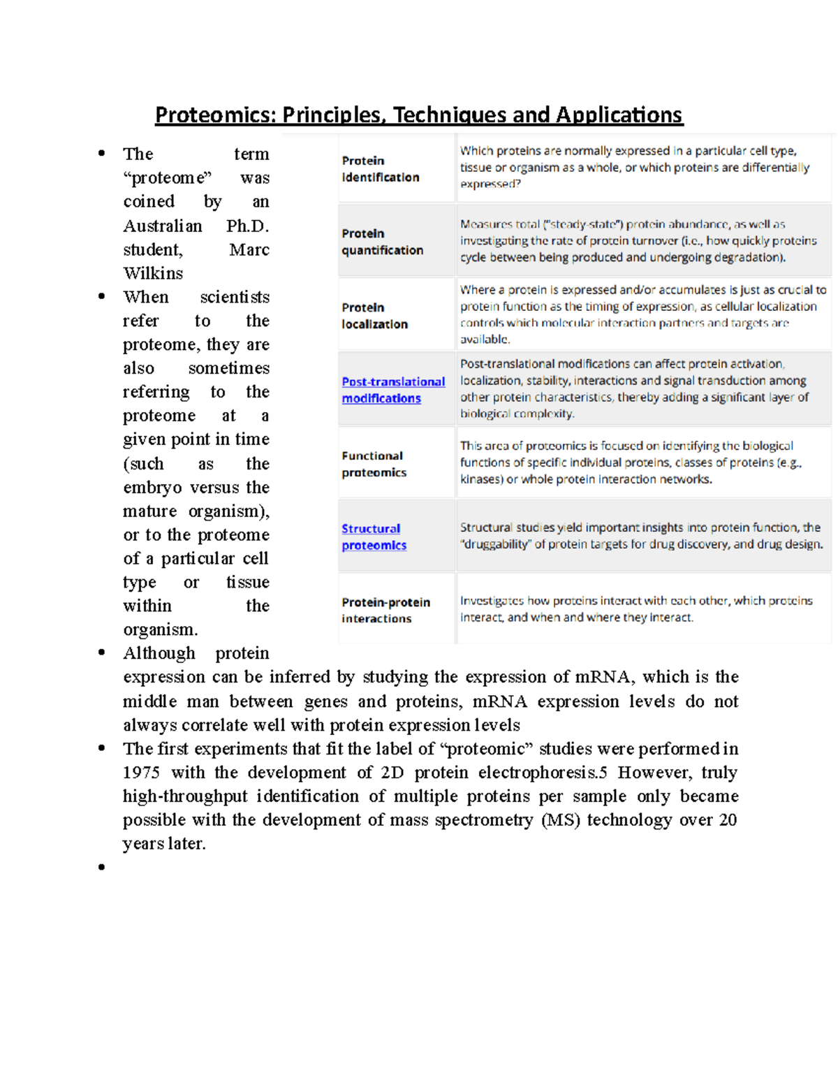 Proteomics - protemics doc - Proteomics: Principles, Techniques and Applications The term - Studocu