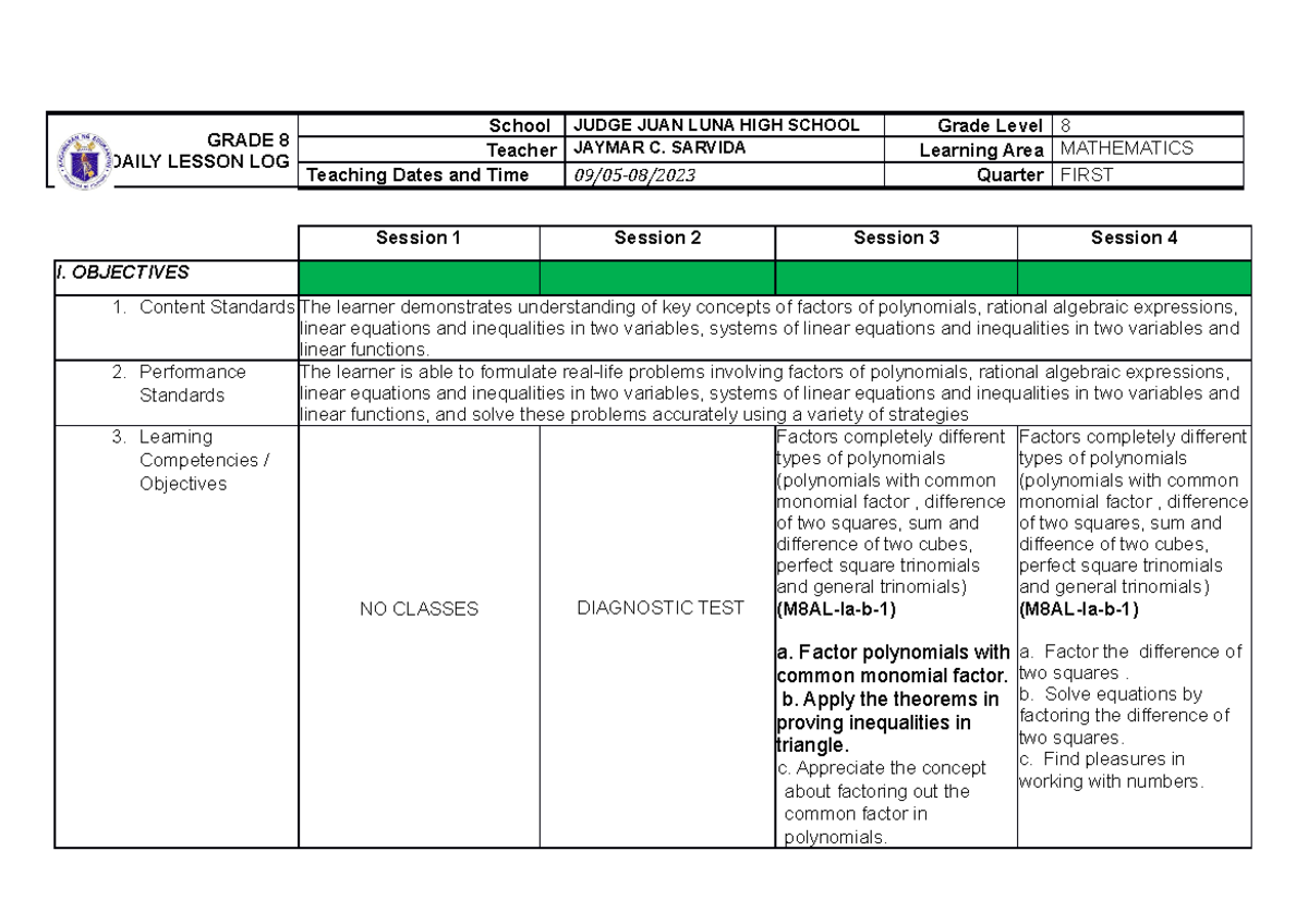 G8DLL Q1W1 LC01 - This will help students - GRADE 8 DAILY LESSON LOG ...