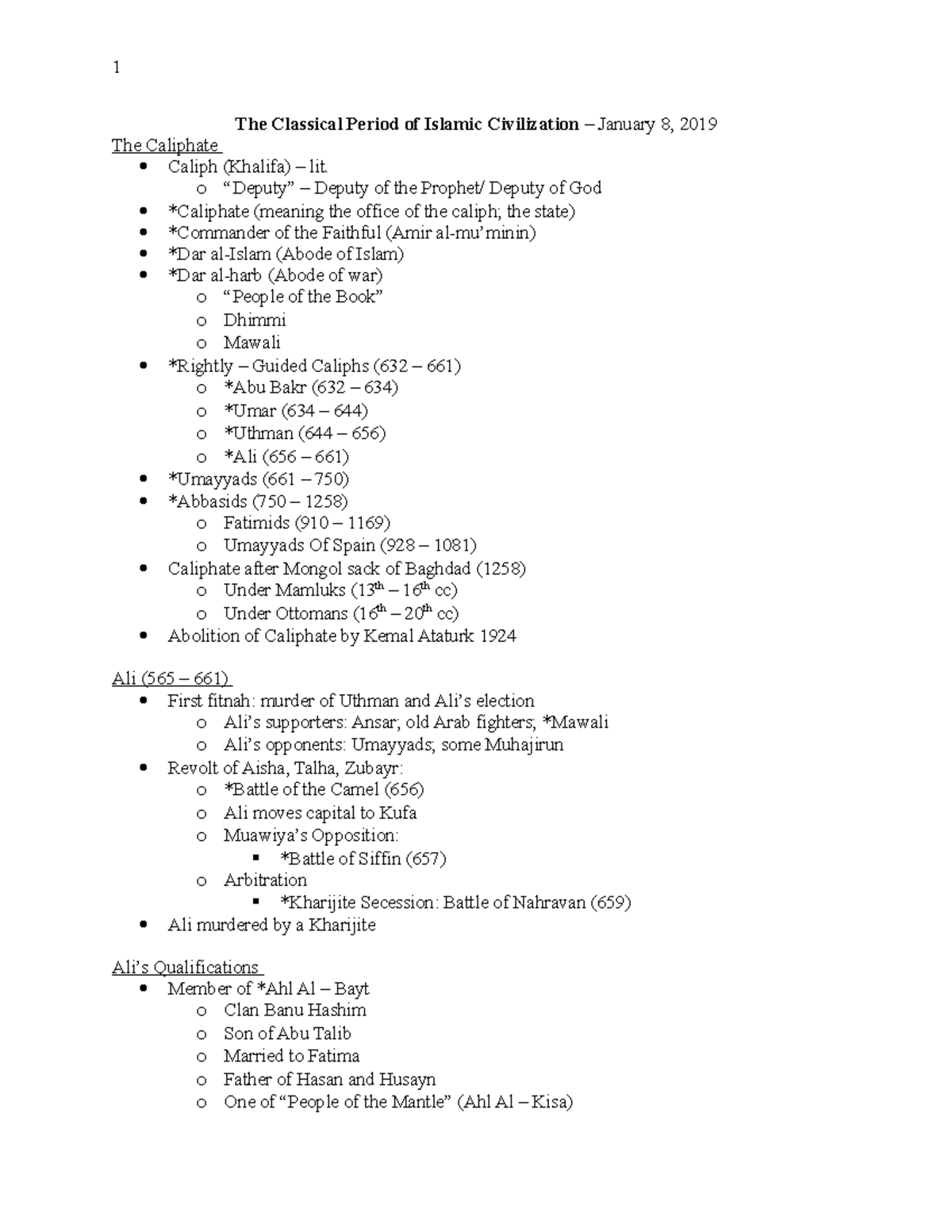 Islamic Traditions 1845 Second Sem Notes - The Classical Period of ...