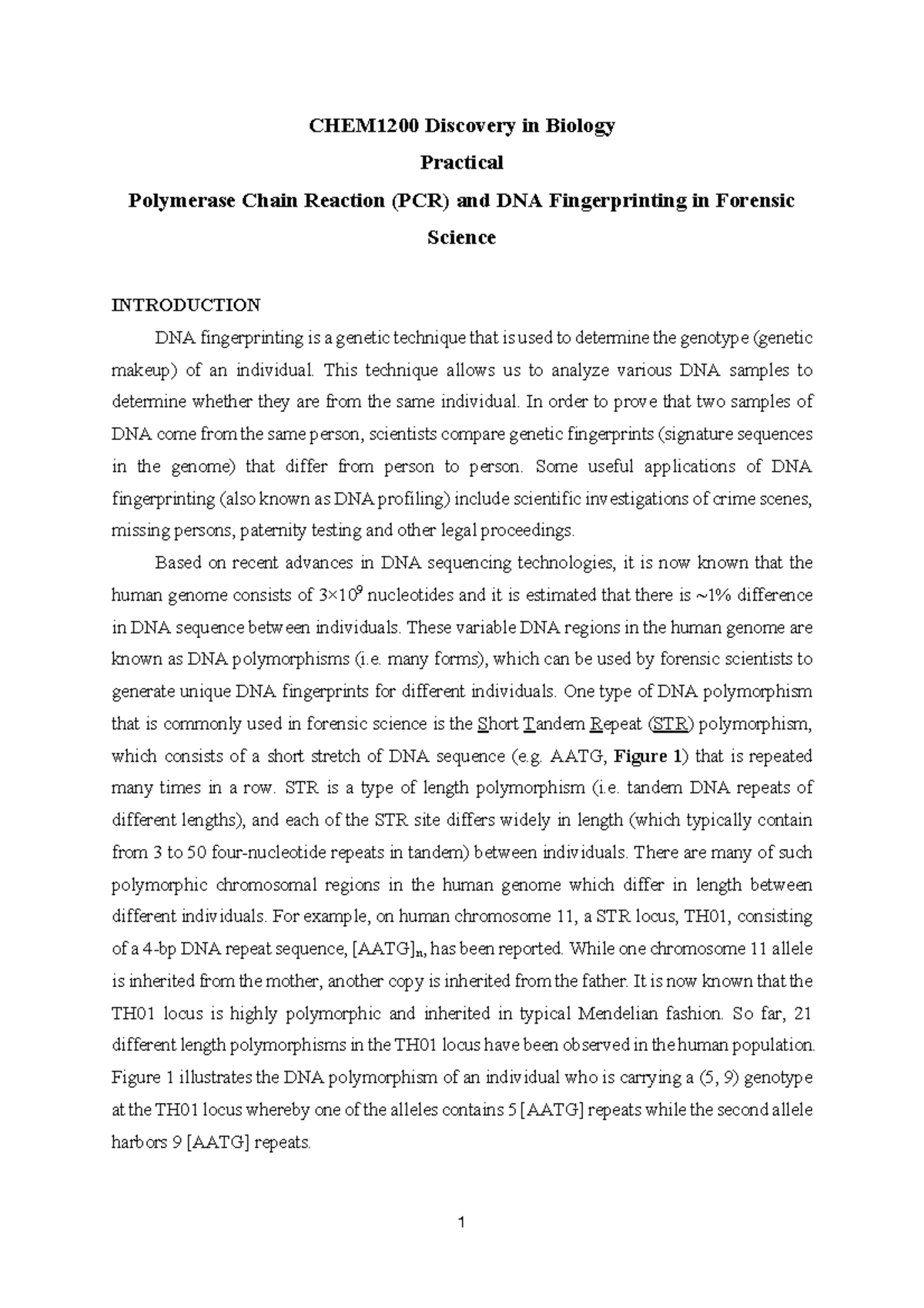 CHEM1200 DNA Forensic Lab Manual - 1 CHEM1200 Discovery in Biology ...