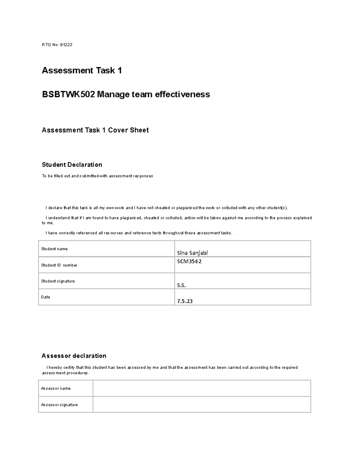 Task 1 - Task 1 - RTO No: 91223 Assessment Task 1 BSBTWK502 Manage team ...