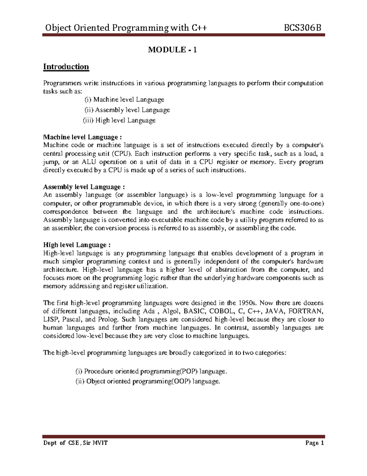 C Module 1 Notes Of C Module 1 Introduction Programmers Write Instructions In 3055