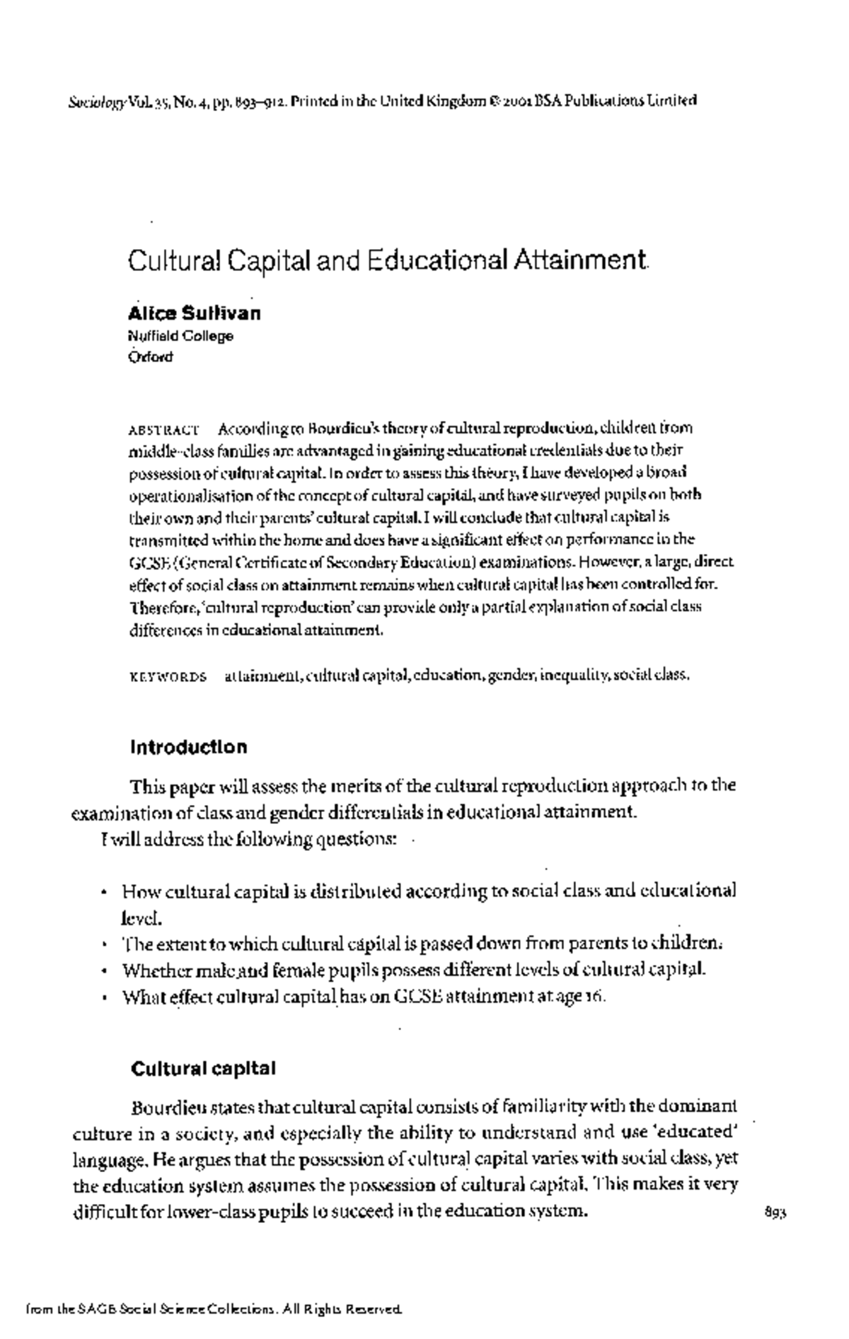 Sullivan 2001 cultural capital and educational attainment - ANAT1001 ...