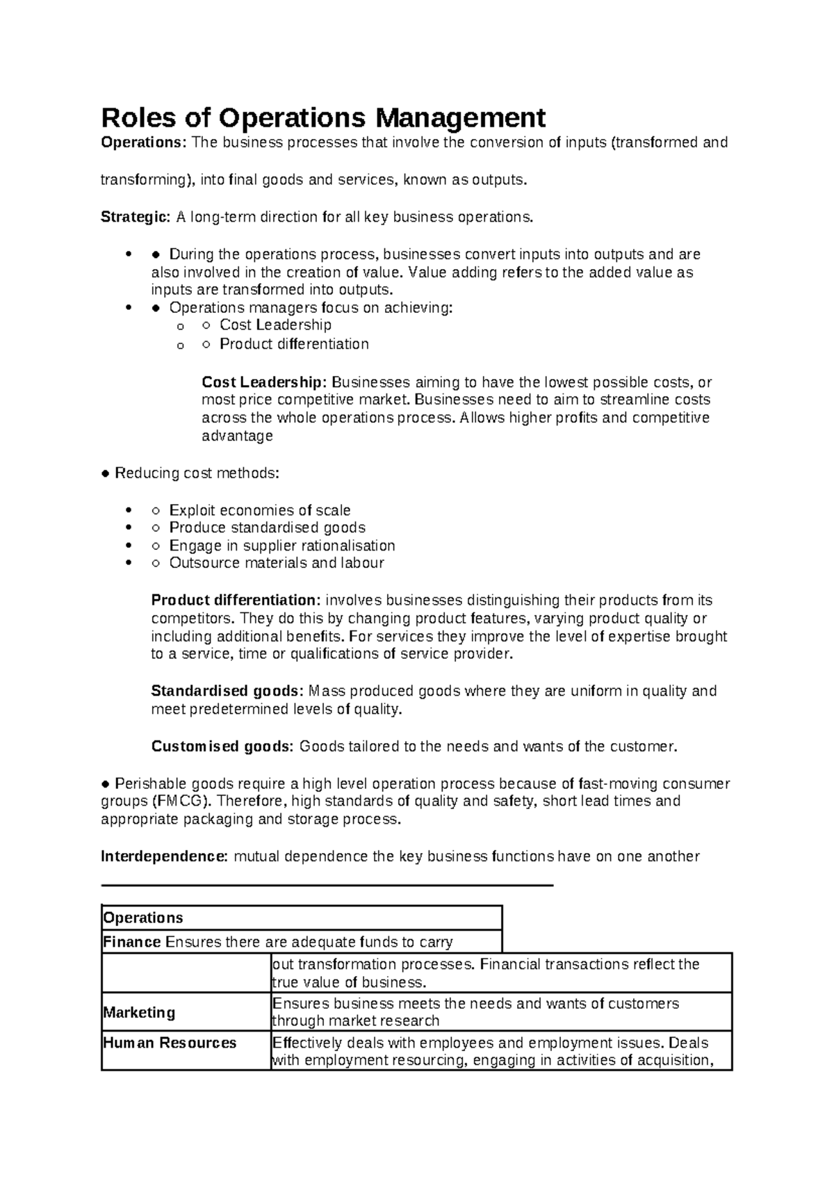Operations Notes - Roles of Operations Management Operations: The ...