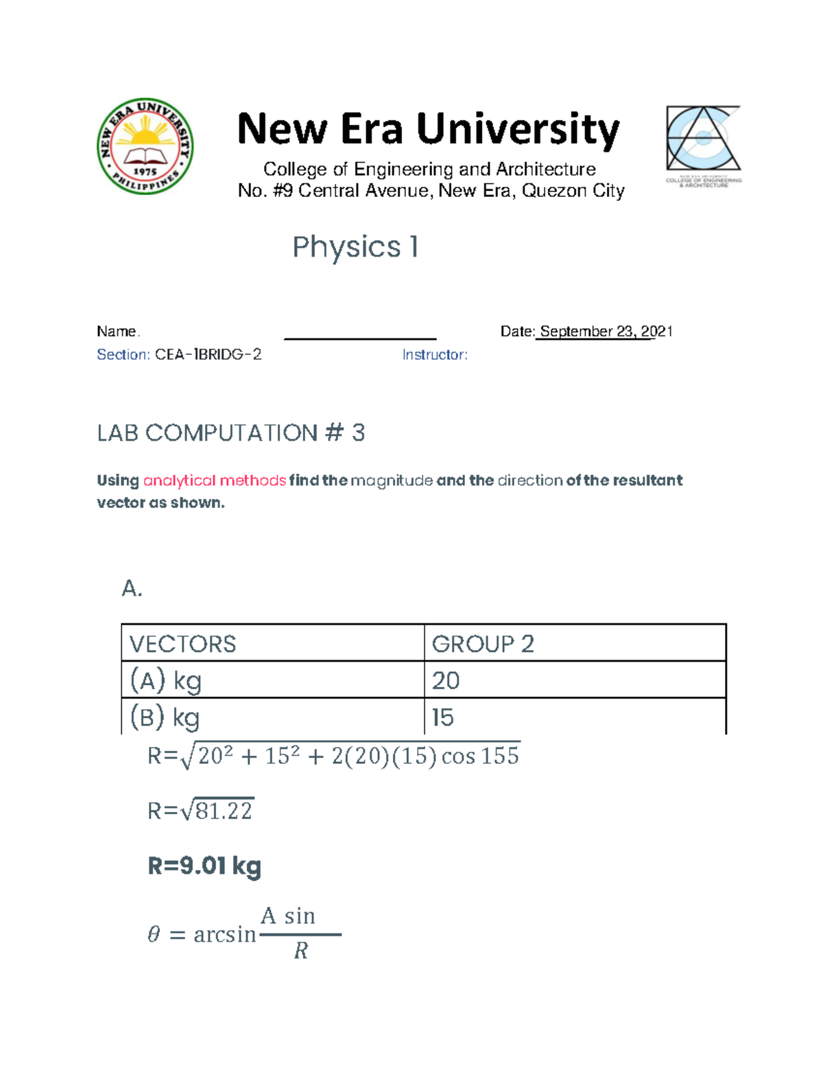 Physics lab 3 1 - New Era University College of Engineering and ...