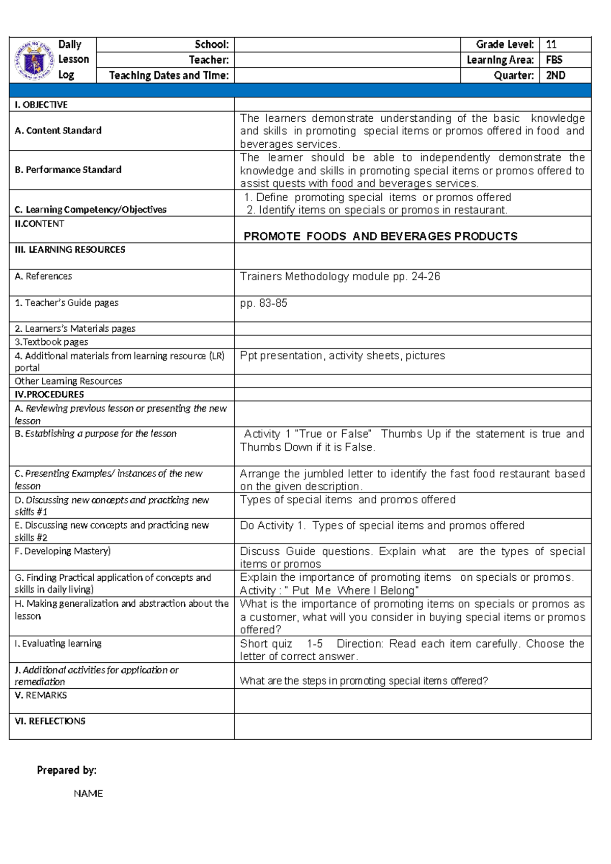 SHS FBS - SHS MATERIALS - Daily Lesson Log School: Grade Level: 11 ...