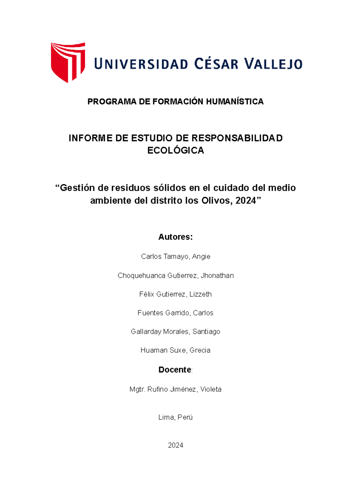 Informe Tutoría V-Grupo 5 - PROGRAMA DE FORMACIÓN HUMANÍSTICA INFORME DE ESTUDIO DE ...