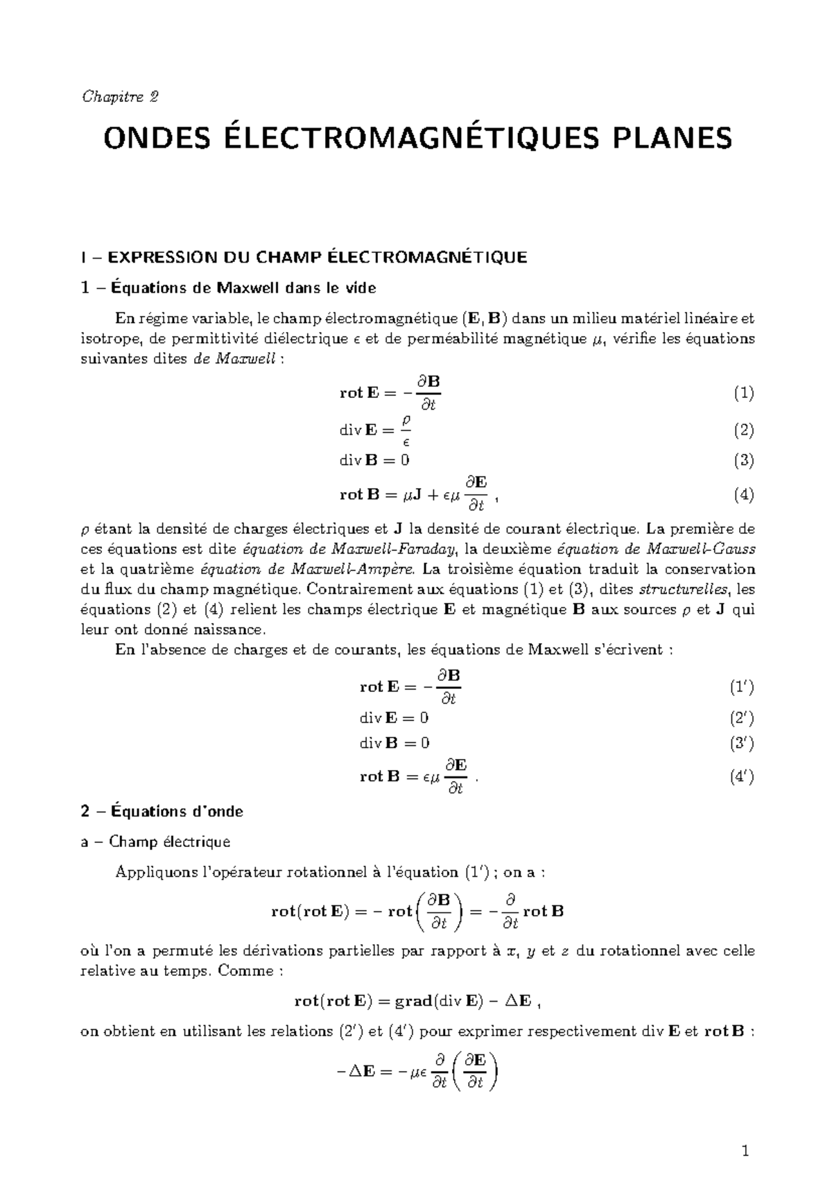 Chp1 OEM - ONDES ELECTROMAGN ´ ETIQUES PLANES ´ - ONDES ́ELECTROMAGN ...