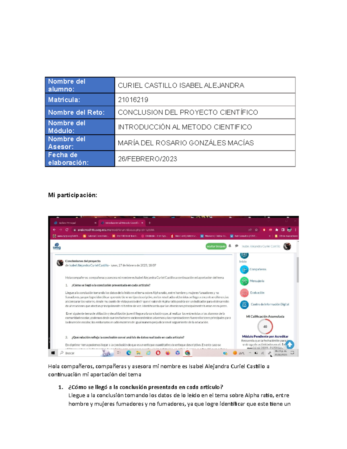 FORO 5 Metodo - material de apoyo - Nombre del alumno: CURIEL CASTILLO ...