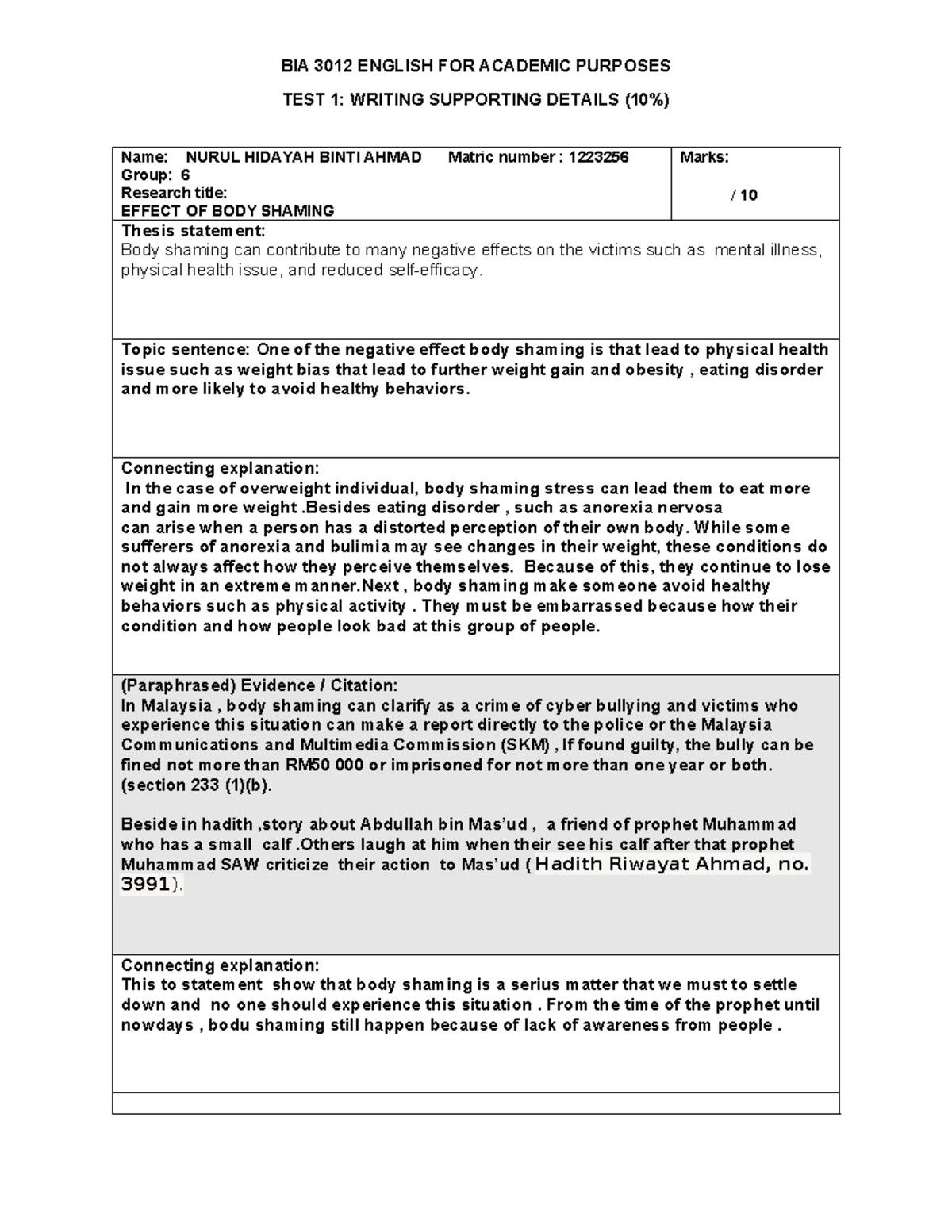 Test 1 EAP - Hidayah(G6) 1 - BIA 3012 ENGLISH FOR ACADEMIC PURPOSES ...