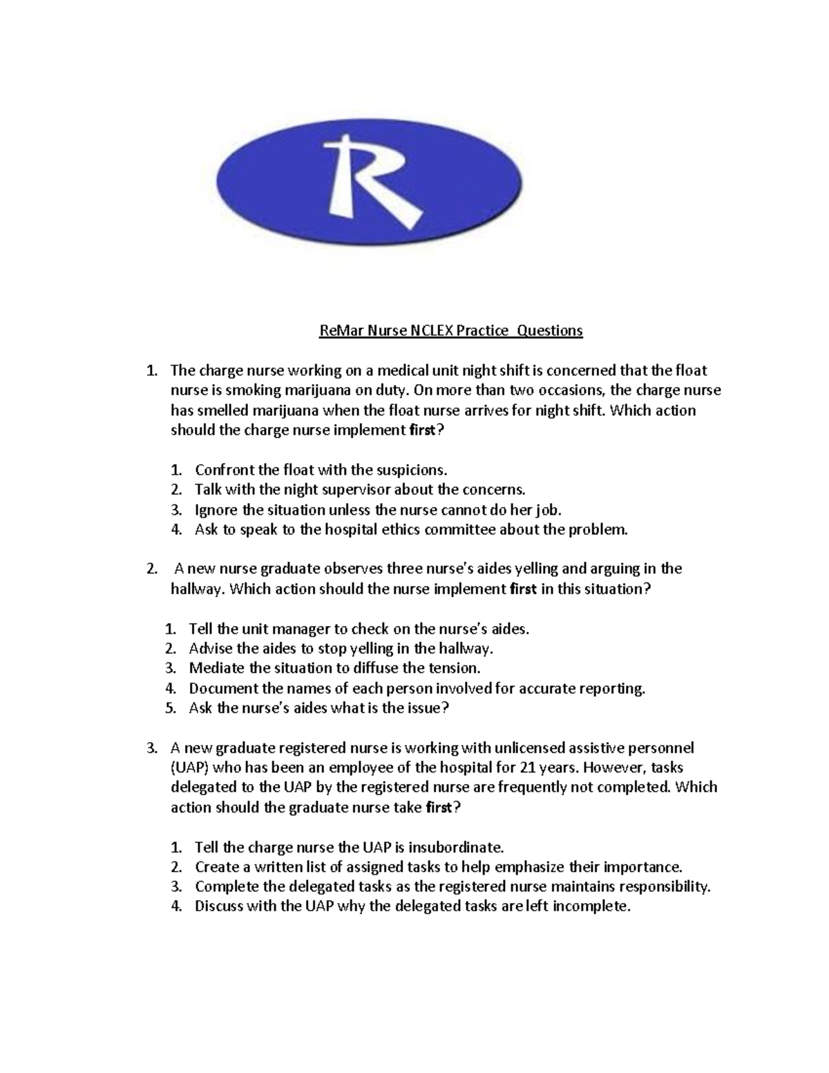 Re Mar Nurse Nclex Questions+Answers Edited - ReMar Nurse NCLEX ...