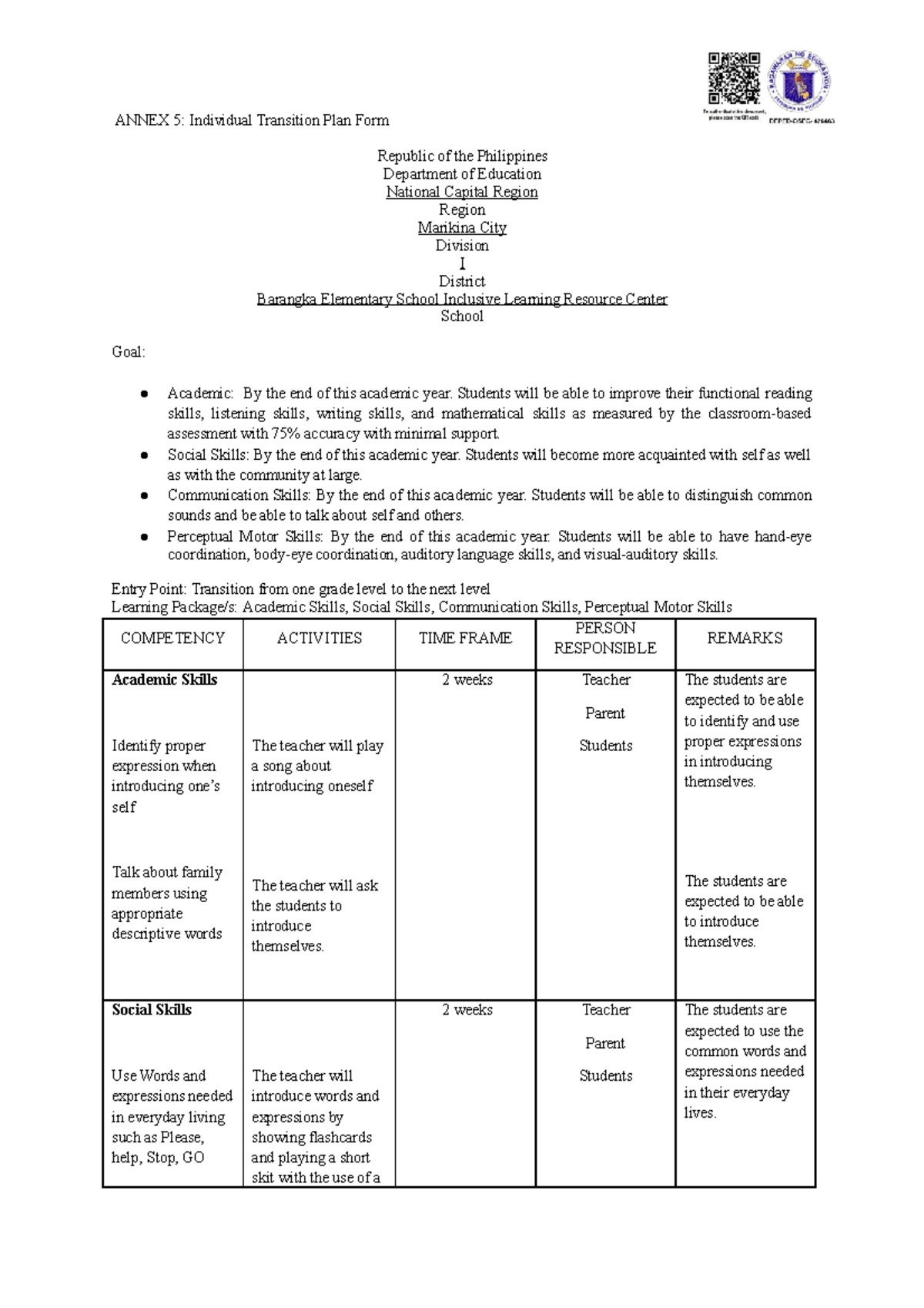 WEEK 5 QTR1 SPECIAL EDUCATION - ANNEX 5: Individual Transition Plan ...