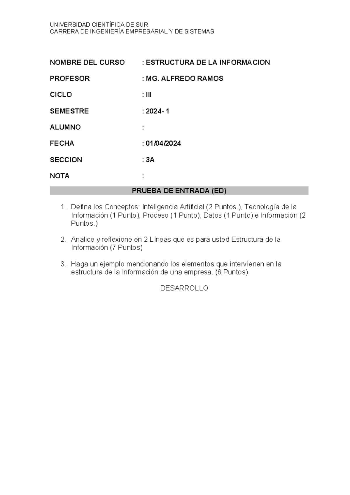 PE ESIN 2024-1 ED A - UNIVERSIDAD CIENTÍFICA DE SUR CARRERA DE ...