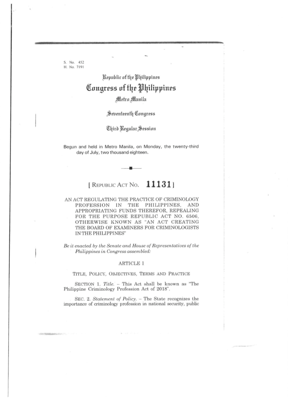 2018 1108 RA 11131 RRD - criminology - Criminal law - Studocu
