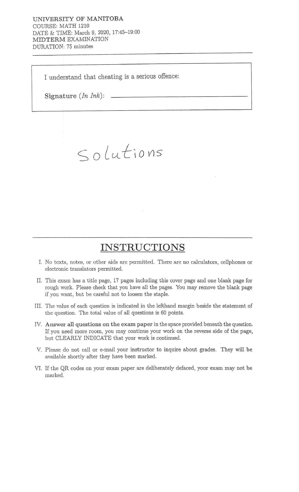 Solutions Midterm Math 1210(W2020) - MATH 1210 - Studocu