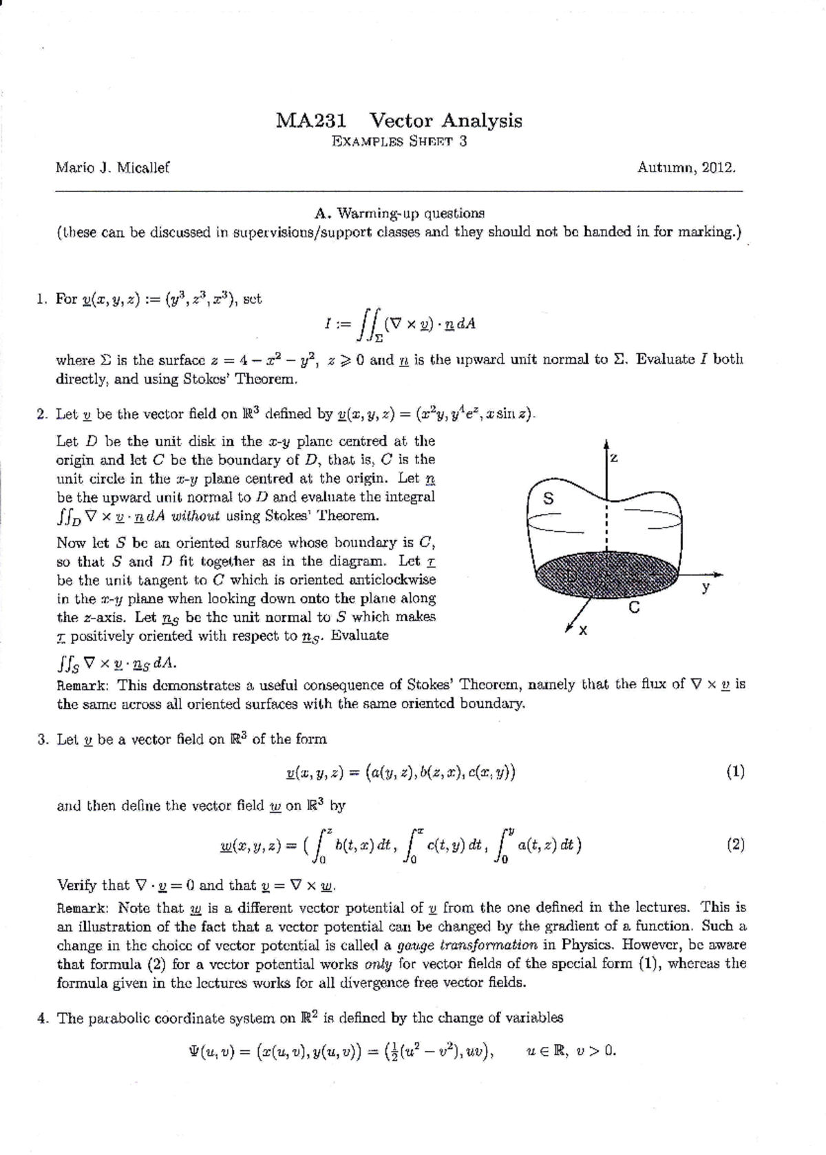 Exercise Sheet 3 - Questions - MA231 Vector Analysis ExltvtPl,ps SHpet 3 Mario J. Micallef ...