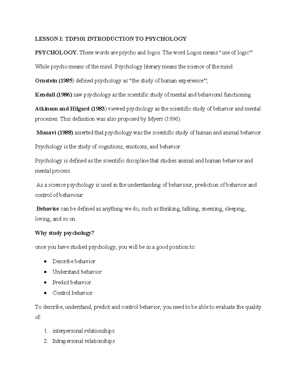 TDP101 Introduction TO Psychology Lesson Notes - LESSON I: TDP101 ...