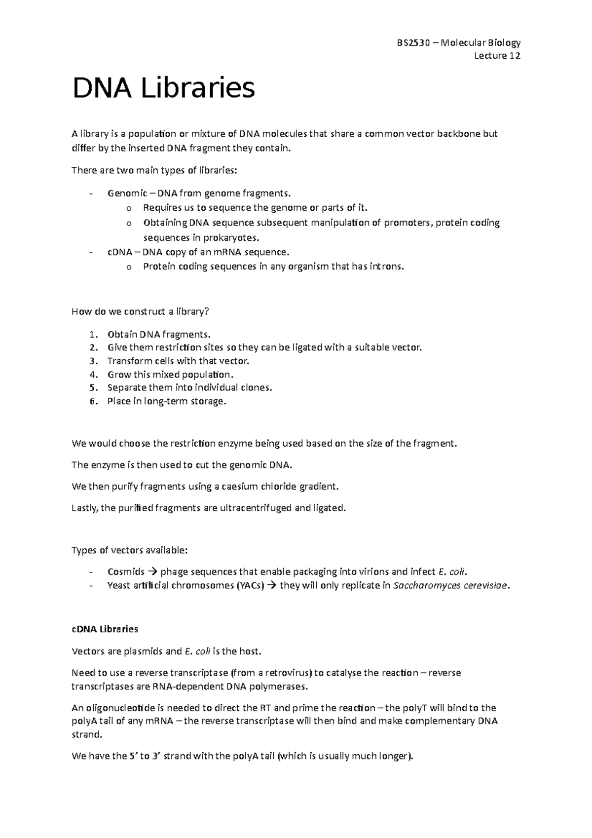 12 - DNA Libraries - BS2530 – Molecular Biology Lecture 12 DNA ...