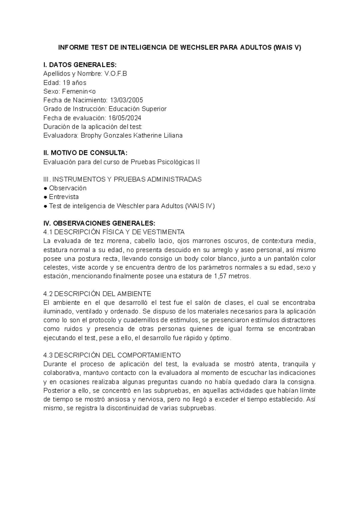 TEST WAIS Individual - test wais - INFORME TEST DE INTELIGENCIA DE ...