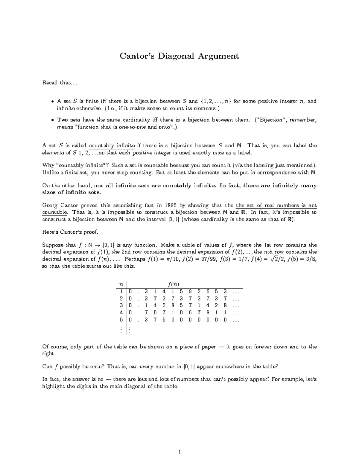 Tutorial work on Cantor's diagonal argument - Diagonal Argument Recall ...