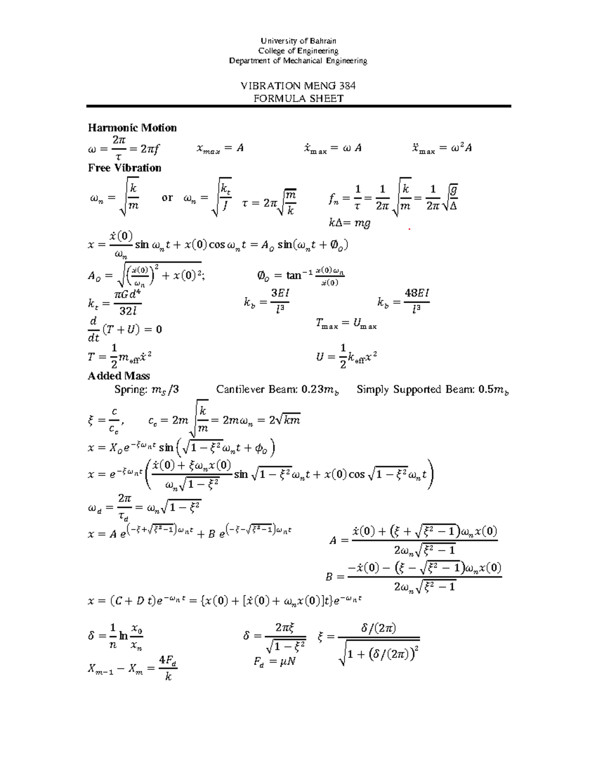 Formula sheet for Mechanical Vibrations - University of Bahrain College ...