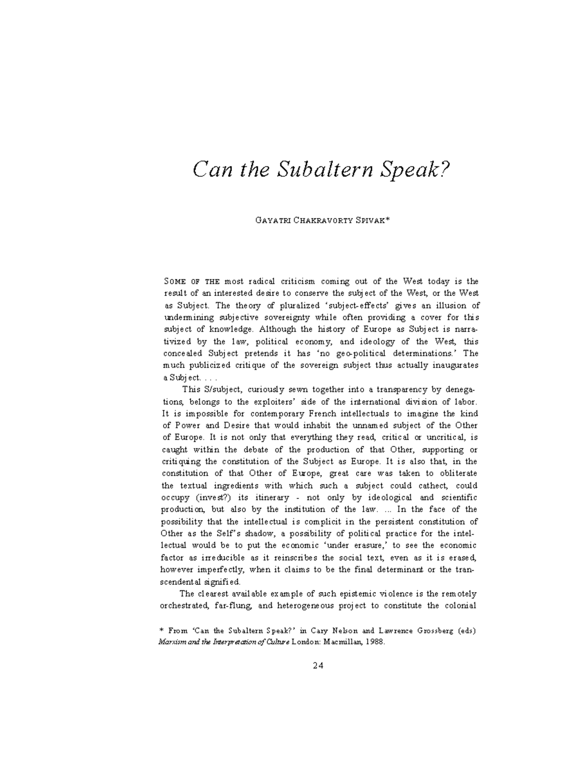 Spivak Can The Subaltern Speak Beginning - Gayatri Chakravorty Spivak ...